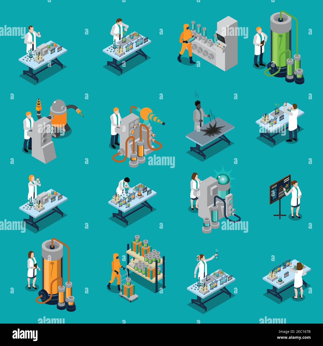 Scientist isometric icons set with experiment symbols on blue ...