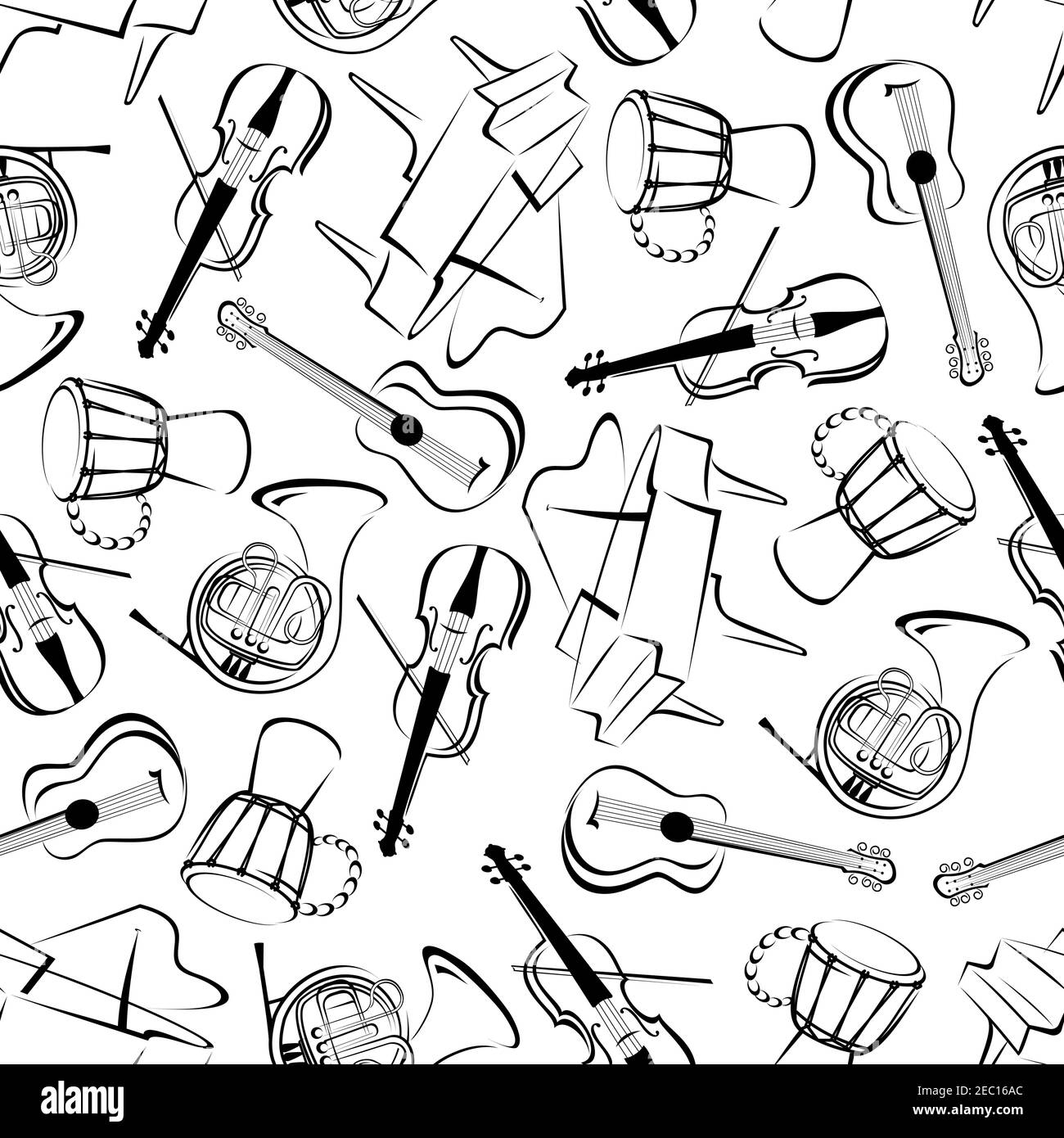 Classic musical instruments seamless pattern with sketch silhouettes of ...