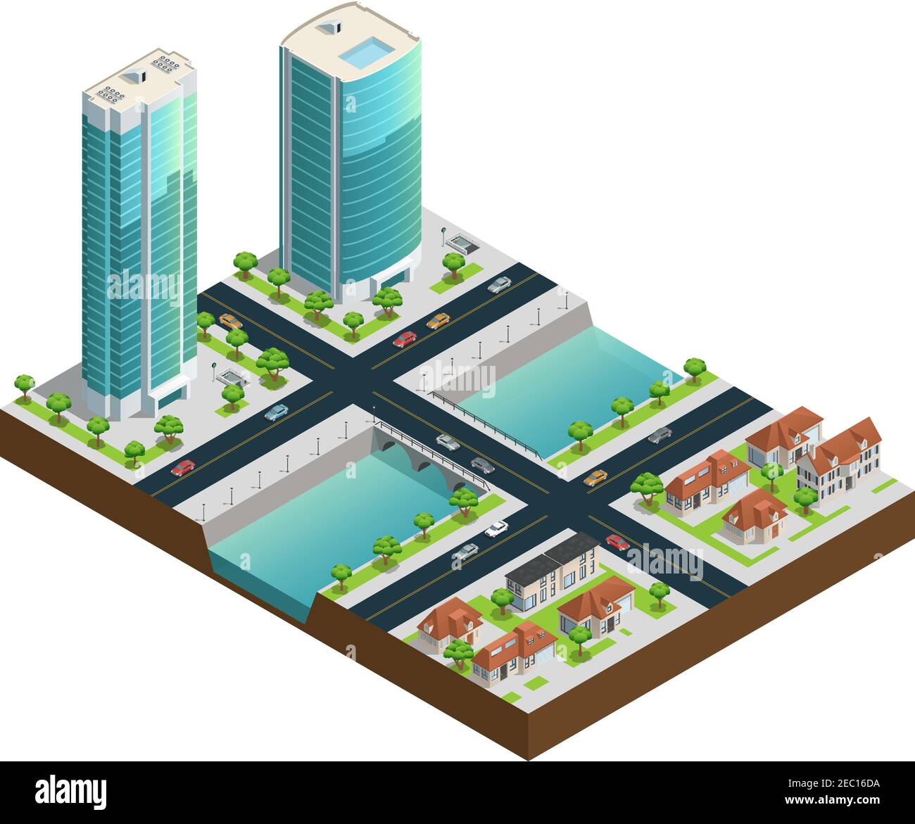 Isometric cityscape composition with modern skyscrapers suburban houses ...
