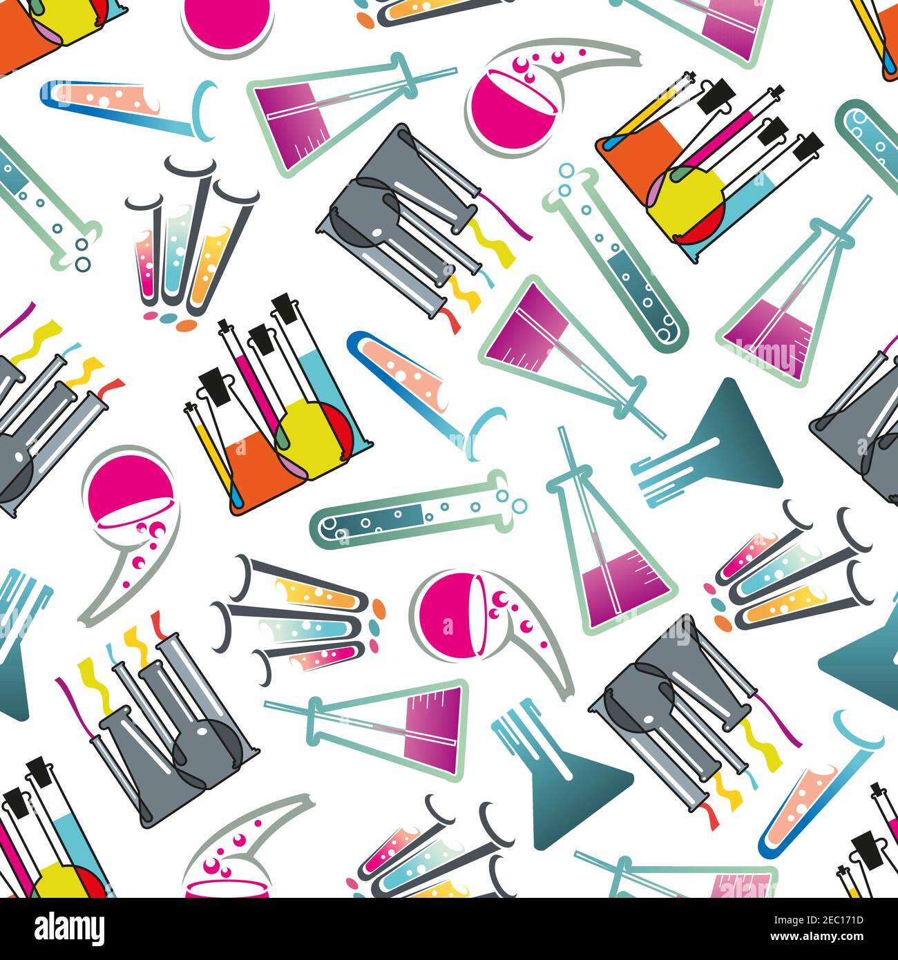 Chemical laboratory theme seamless pattern with test tubes, flasks and ...