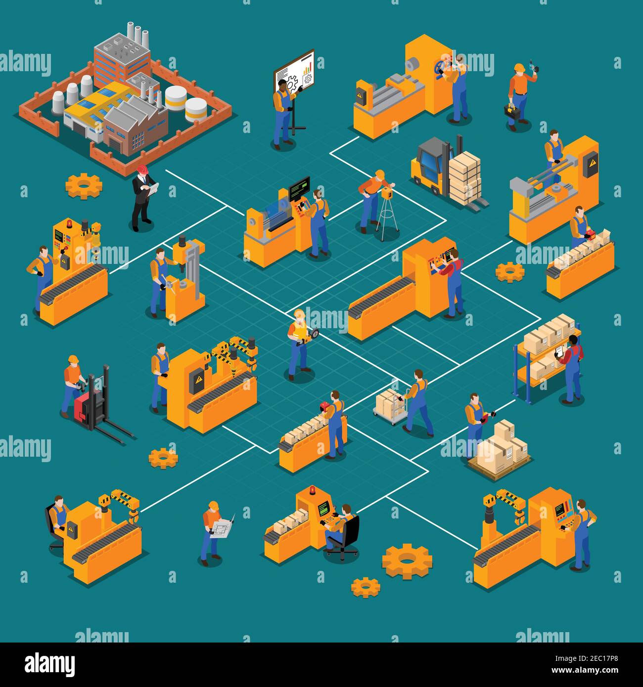 Factory workers isometric composition with production symbols isolated ...