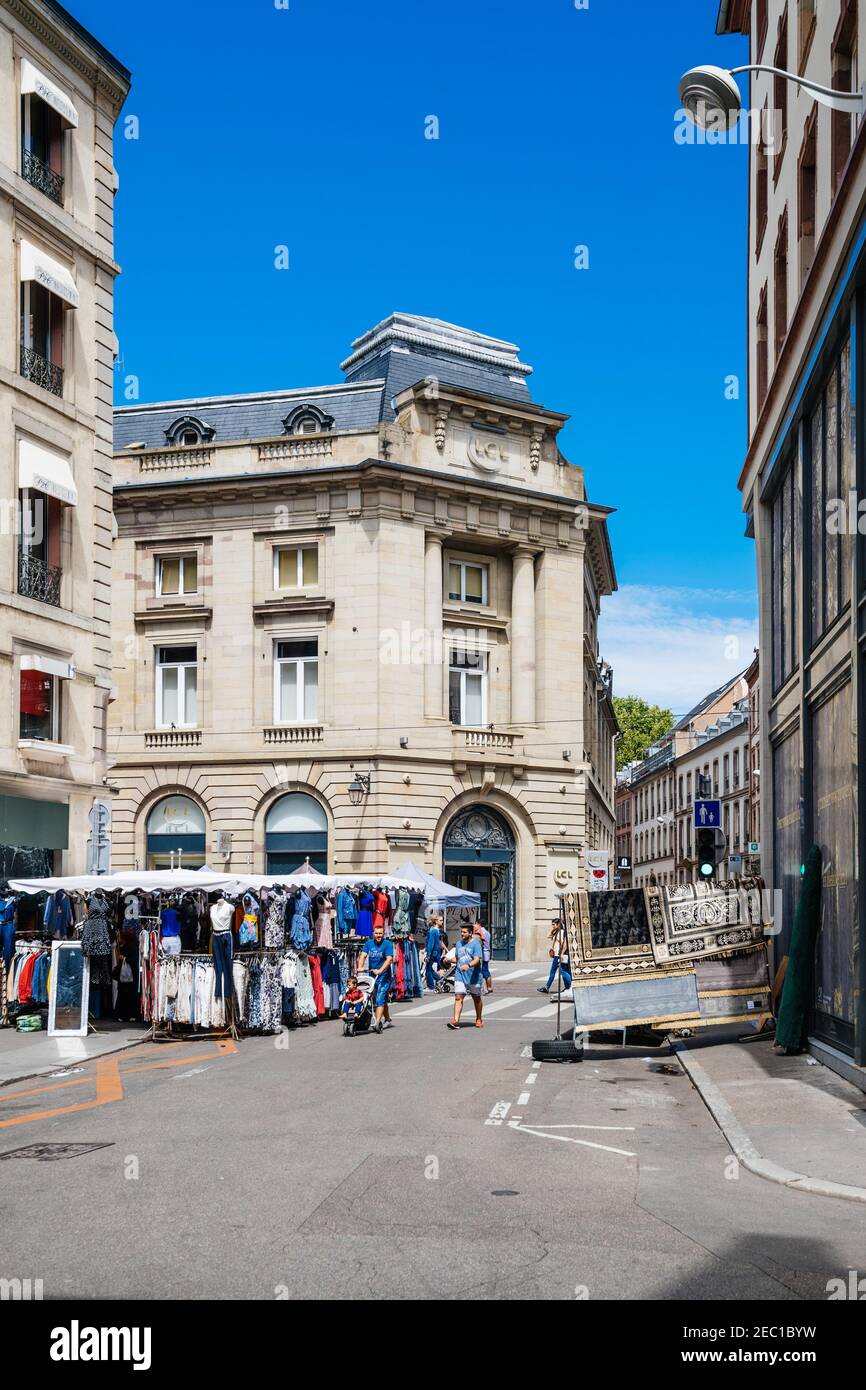 Strasbourg, France - July 29, 2017: Rugs hanged and multiple clothes ...