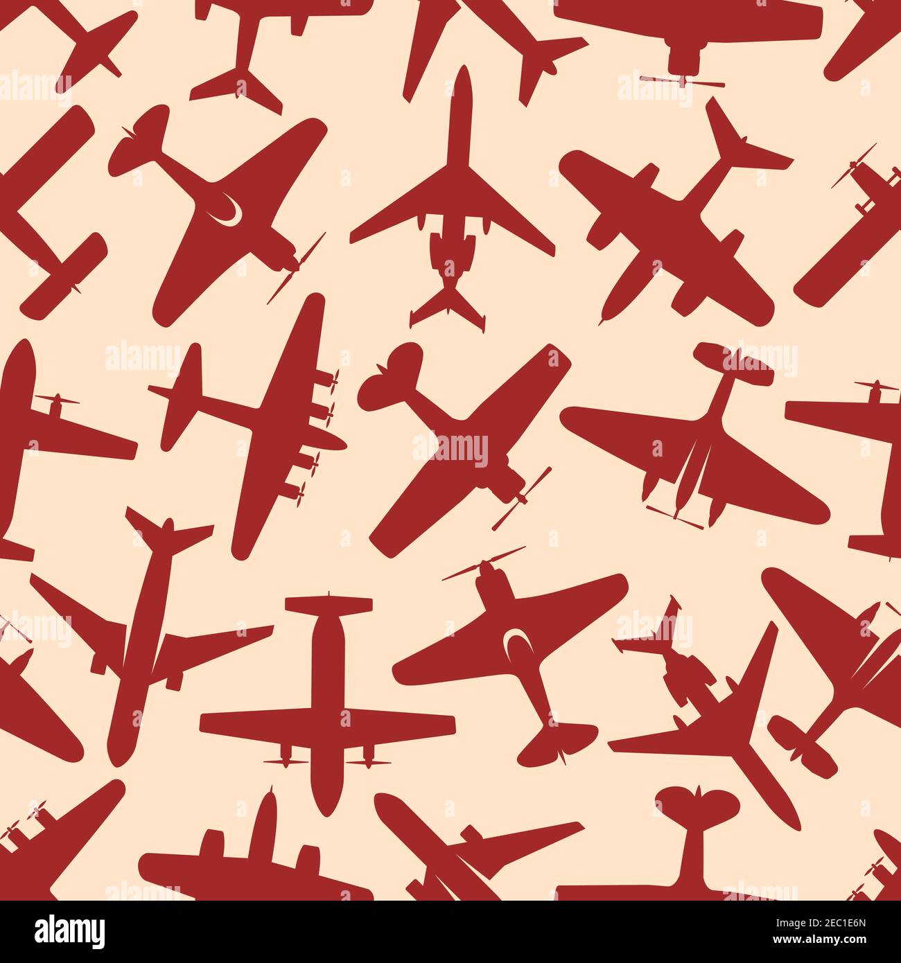 Red silhouettes of flying passenger, cargo and military airplanes ...