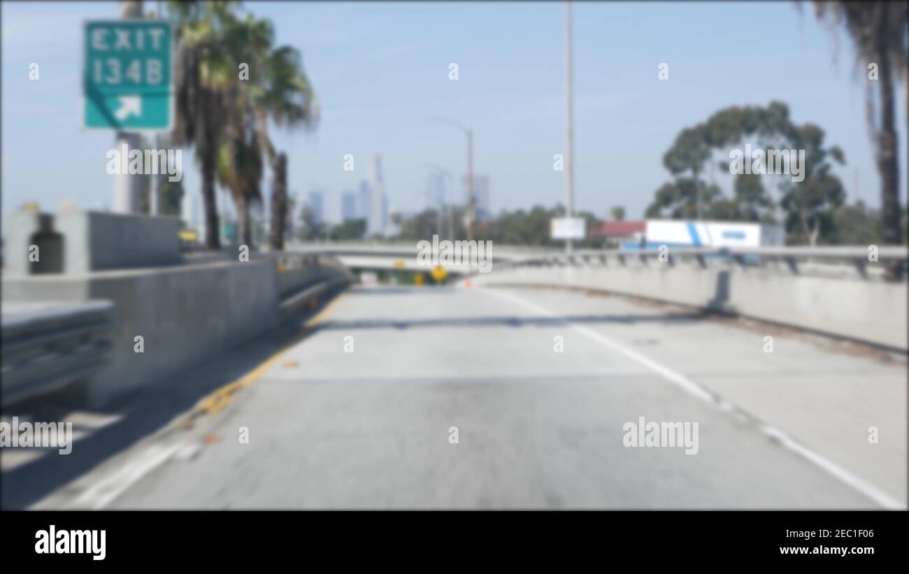 Driving on intercity freeway in Los Angeles, California USA. Defocused ...