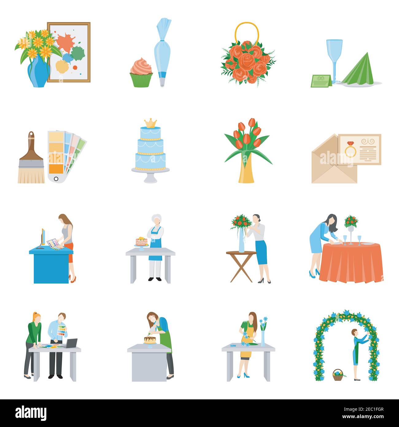 Home interior design and special events decoration flat icons set with ...