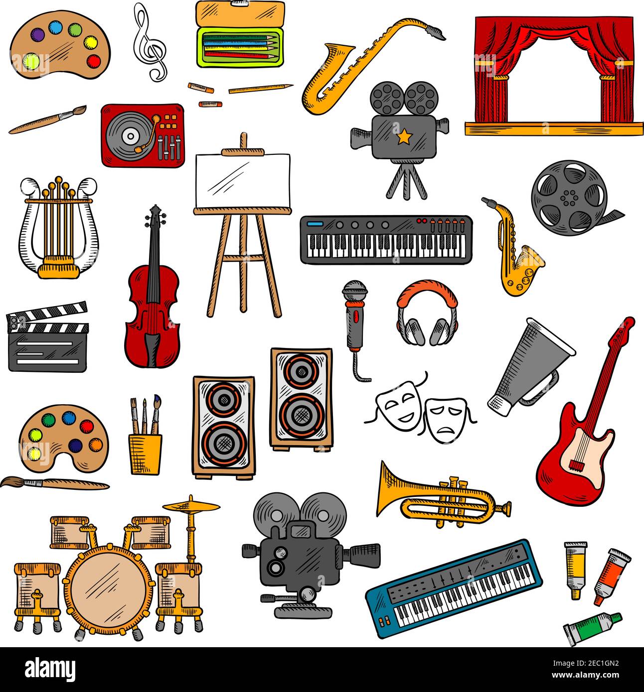 Musical instruments and microphone, paints and pencils, easel and ...