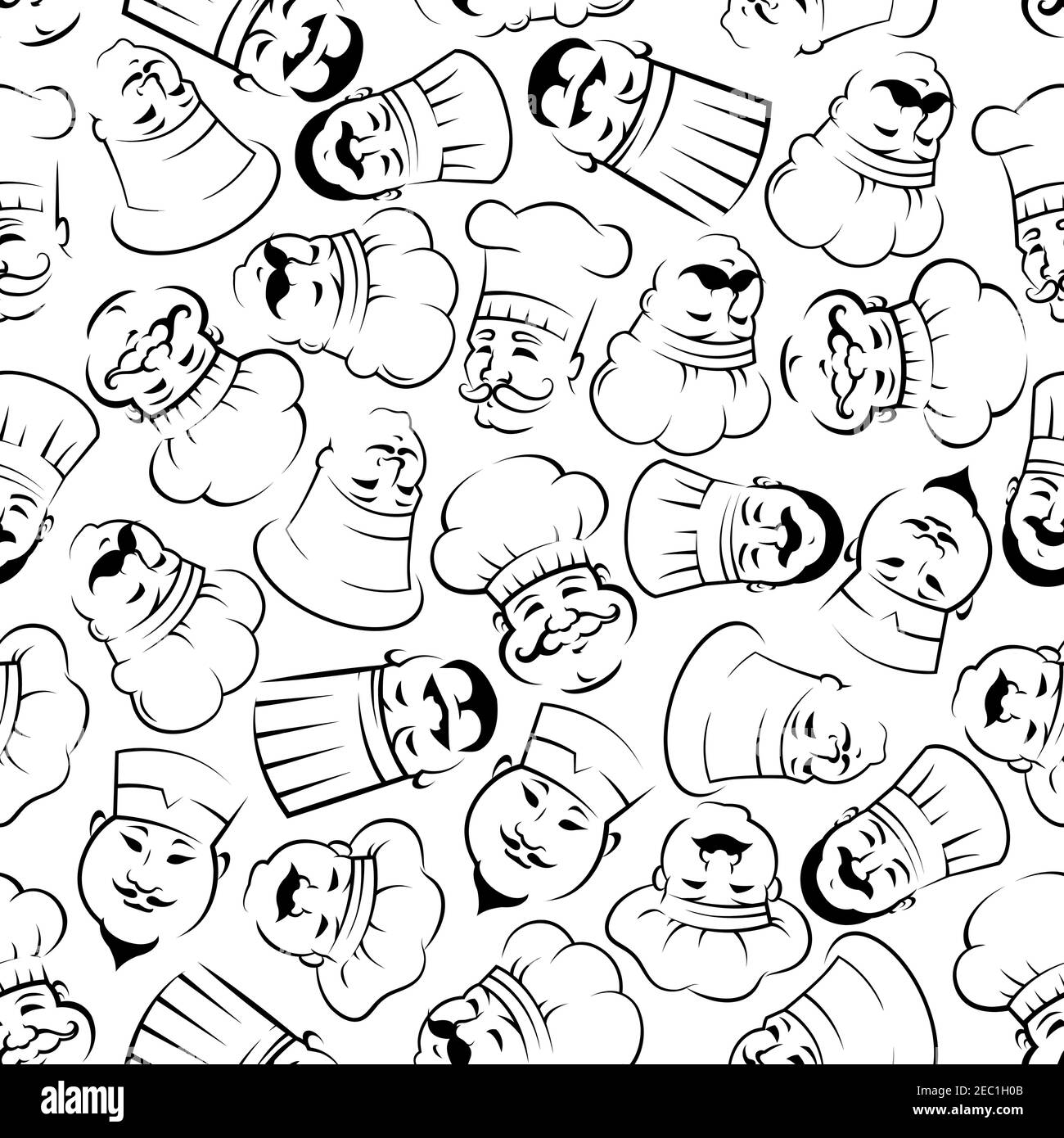 Black and white chefs silhouettes in toques seamless pattern of smiling ...