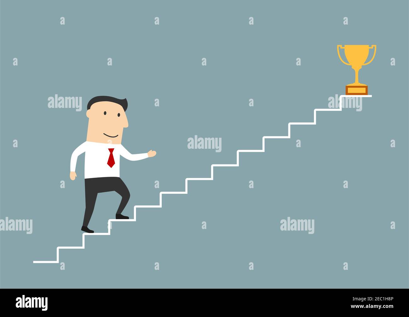 Successful cartoon smiling businessman walking up stairs to golden ...