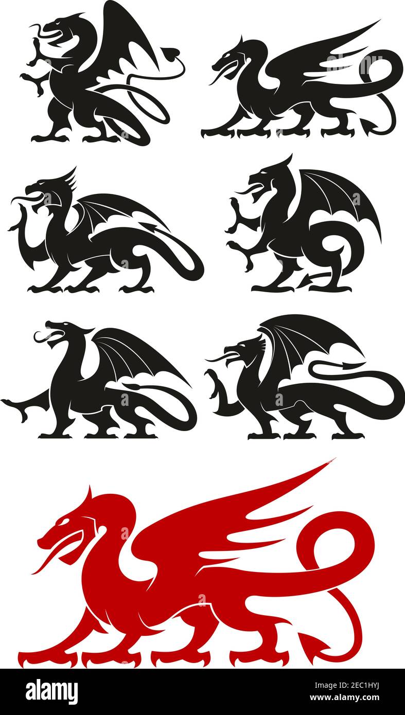 Medieval heraldic dragons black and red icons of powerful mythical ...