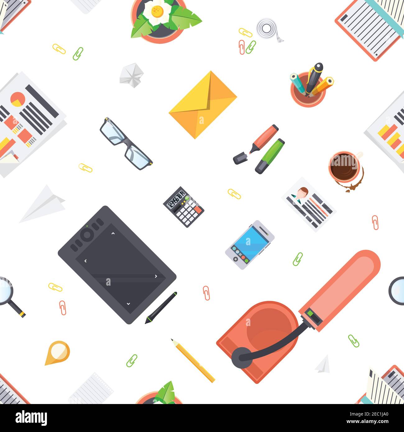 Workplace objects seamless pattern with stationery lamp and coffee flat ...