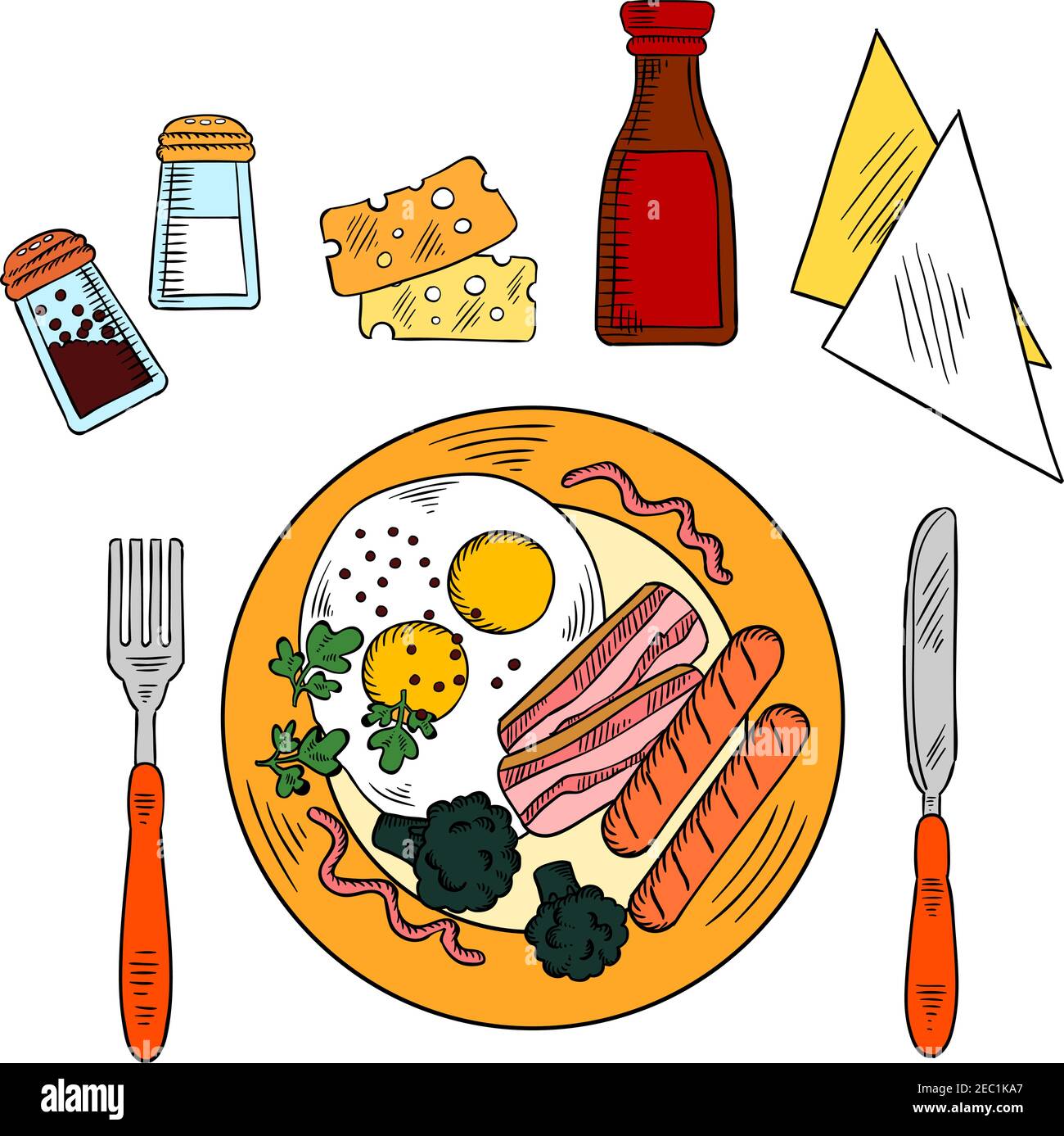 Traditional breakfast colored sketch icon of fried eggs and bacon ...