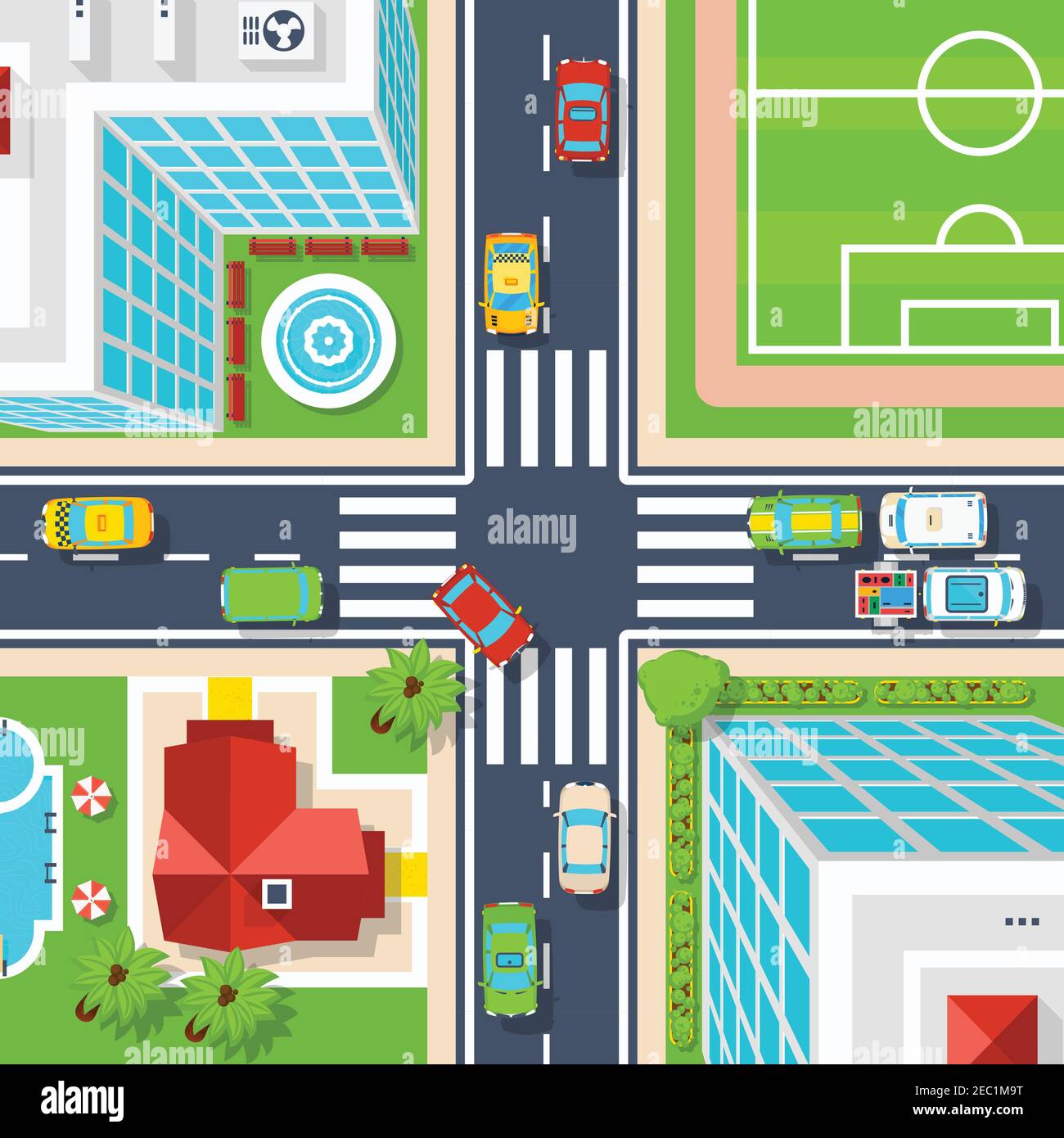 Poster of crossroad in city with buildings field vehicles and other top ...