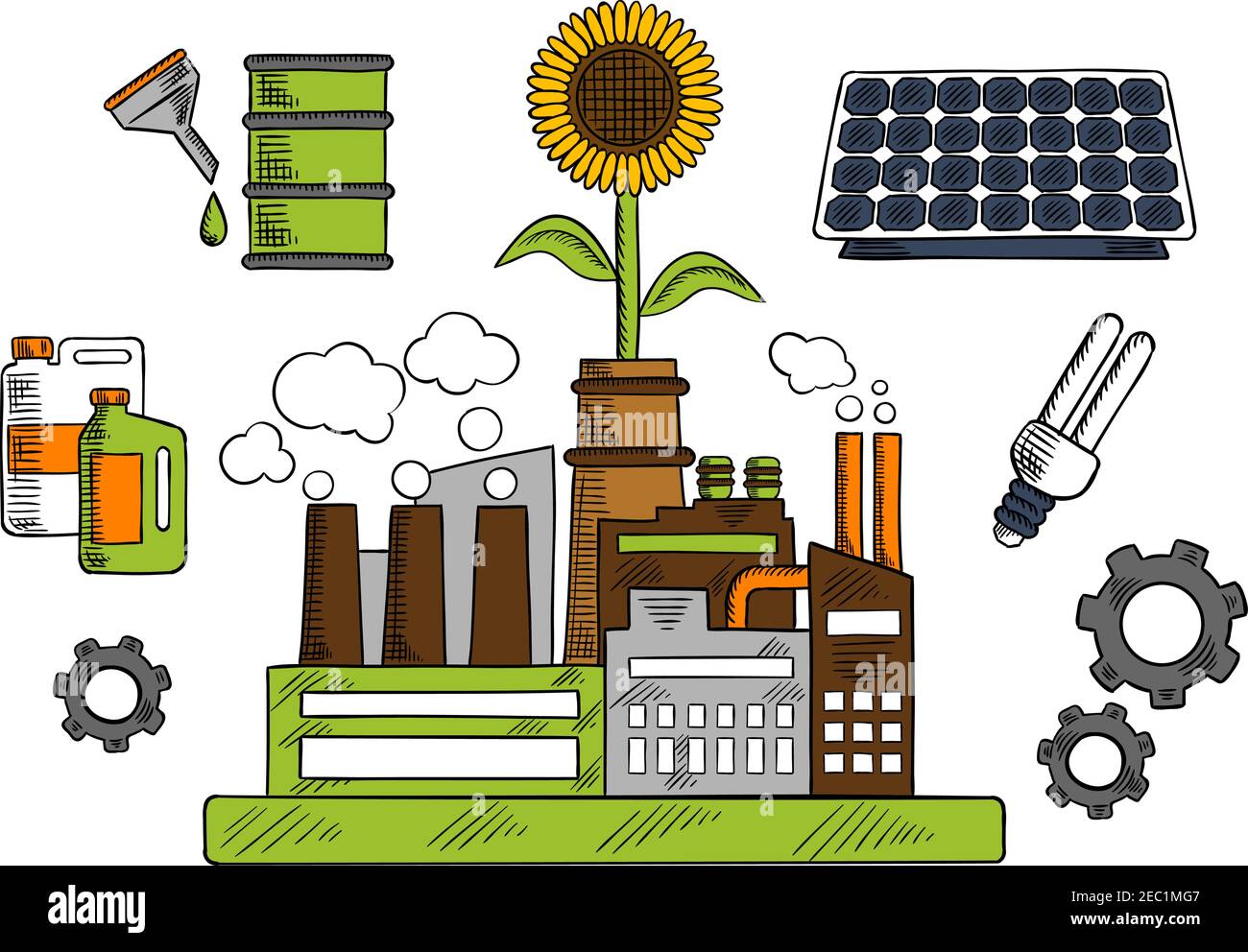 Eco friendly and energy saving factory colorful sketch of industrial ...