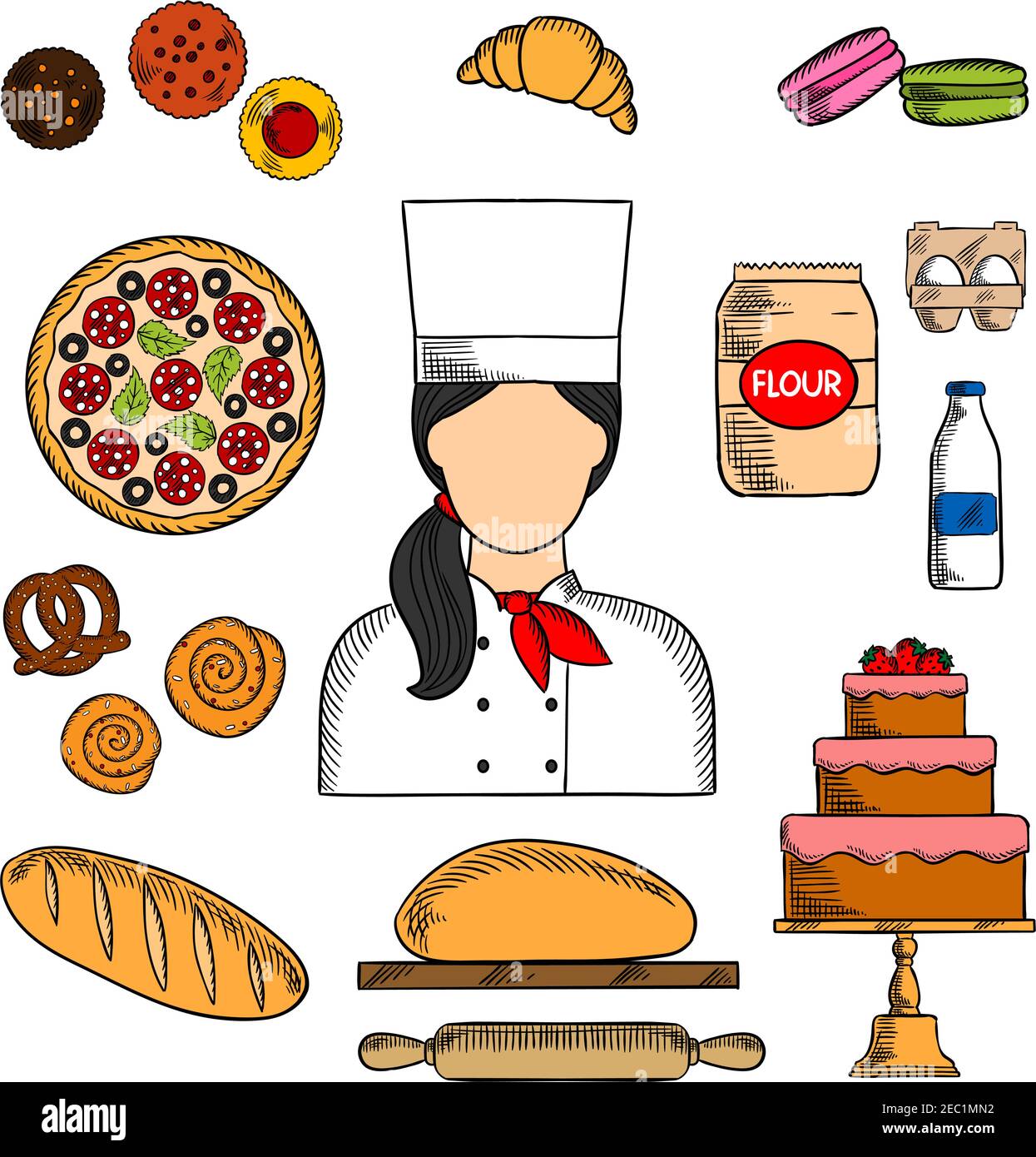 Female baker in chef uniform with colored sketch icons of chocolate ...