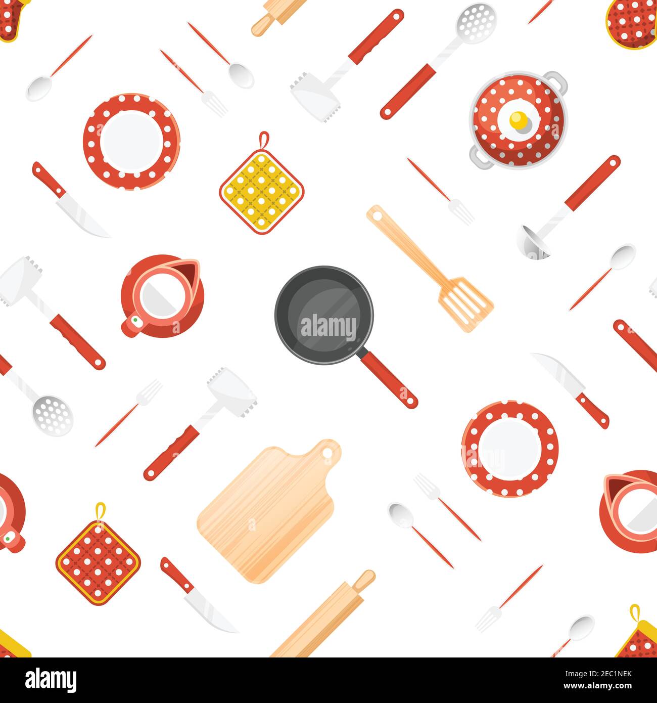 Kitchen utensils seamless pattern with teapot and frying pan flat ...