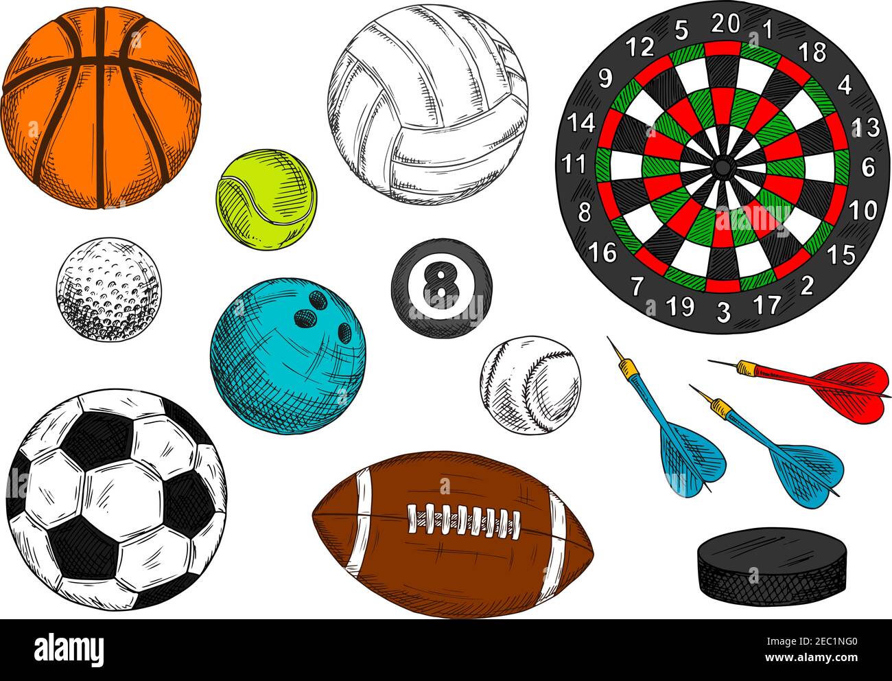 Colorful sketch drawings of sporting items with balls for football or ...
