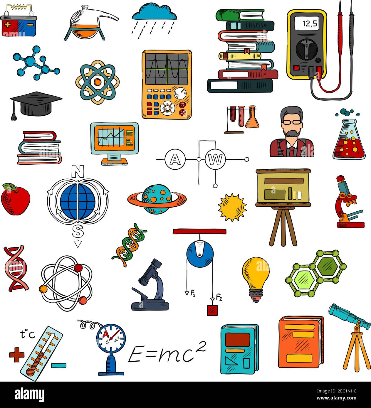 Science research and education sketch symbols with books, computer ...