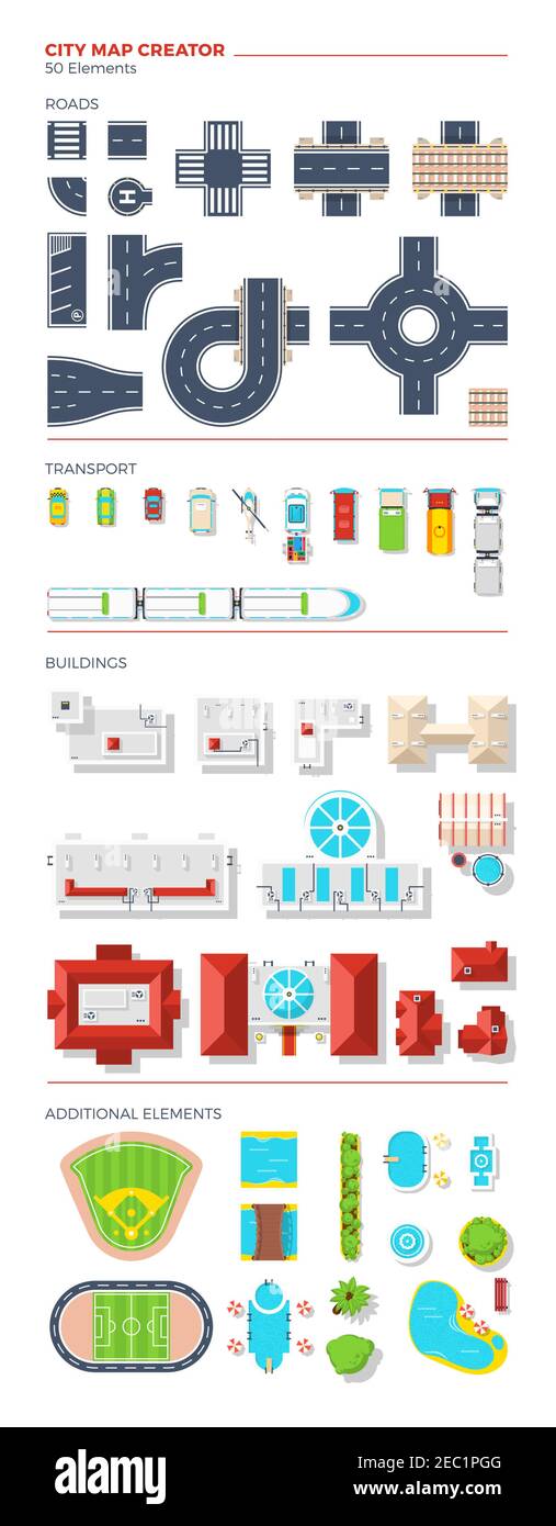 City map creator of top view elements grouped by roads transport buildings and additional ...