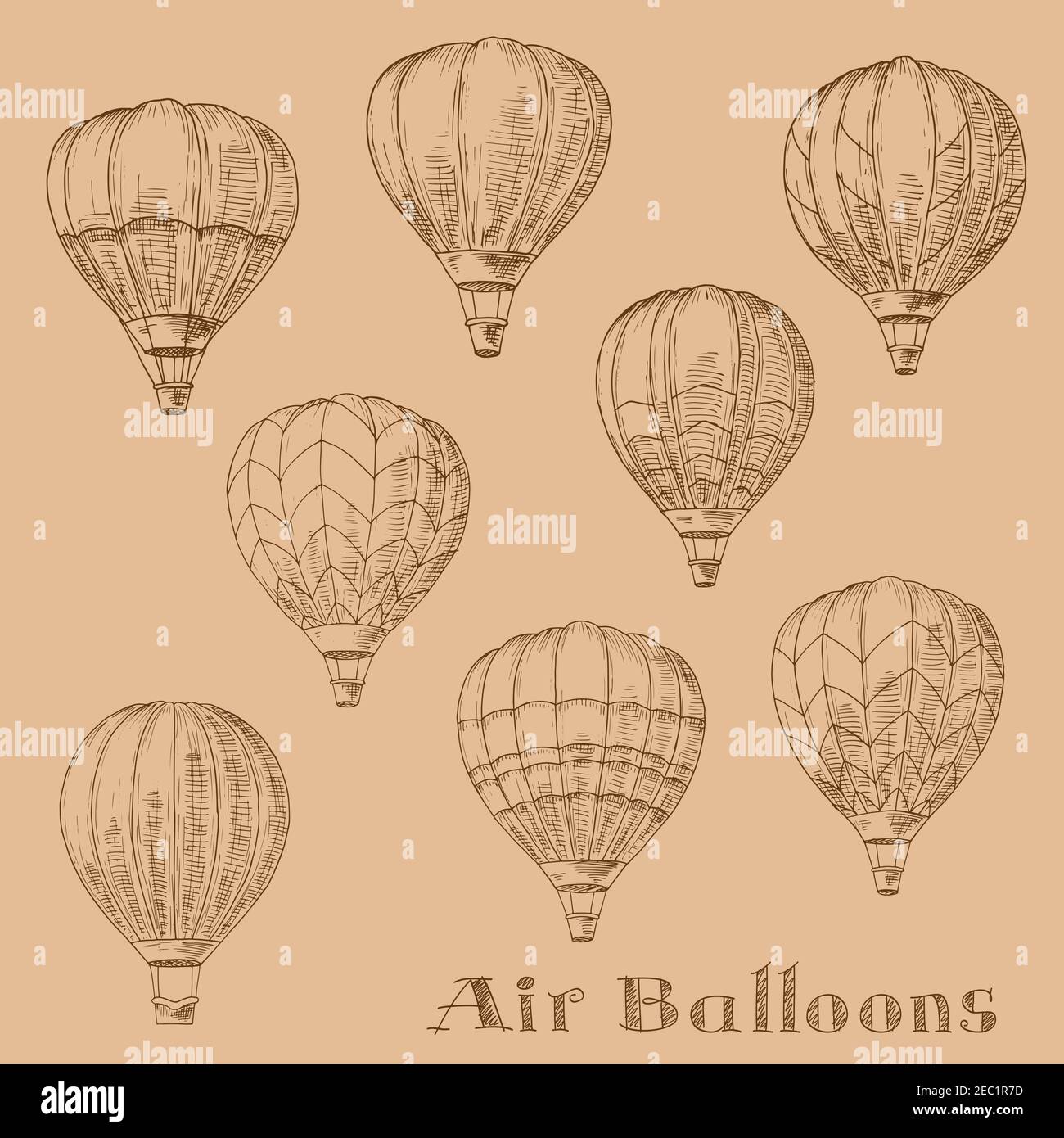 Retro sketches of hot air balloons flying in the sky. Engraving sketch ...