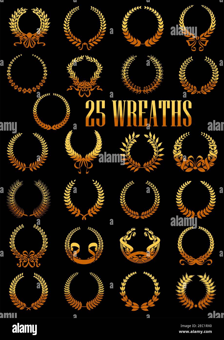 Ancient golden laurel wreaths icons for sporting or career achievement, anniversary, award ...