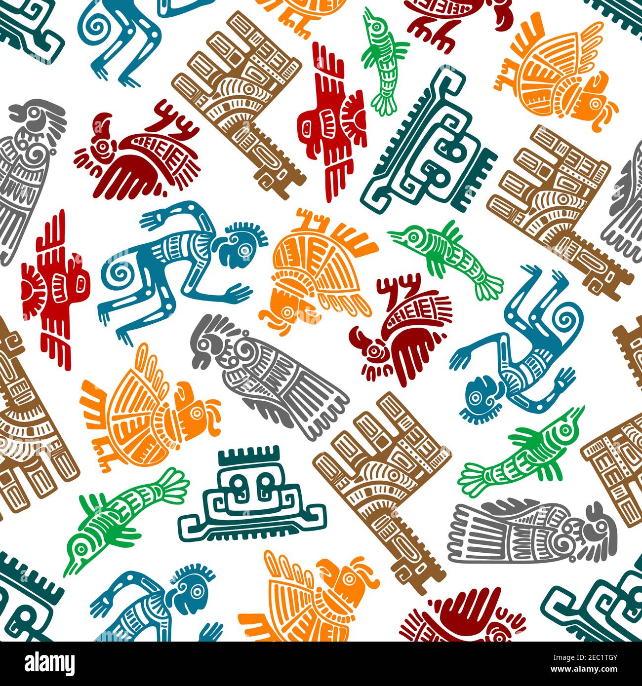 Seamless mayan and aztec totems pattern with colorful symbols of birds ...