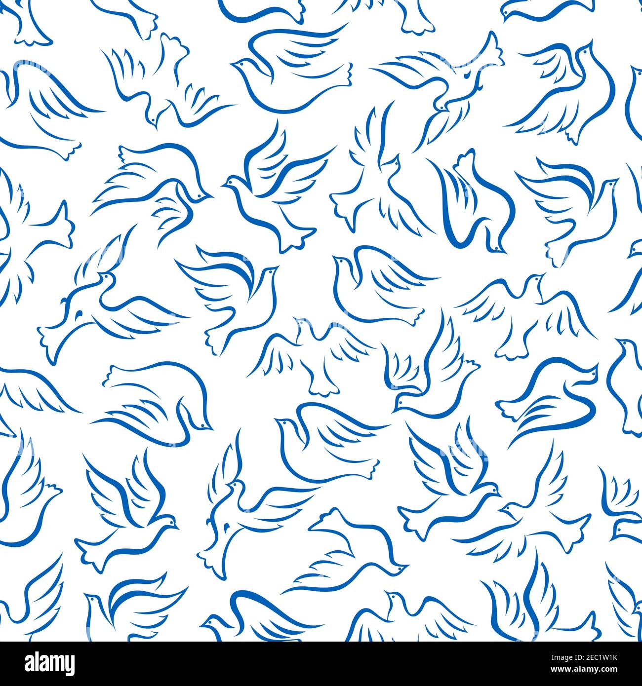 Elegant flying birds seamless pattern with blue outlined silhouettes of ...