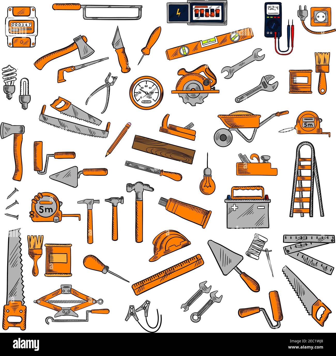 Work tools sketches of hammers, wrenches and saws, rulers, light bulbs ...