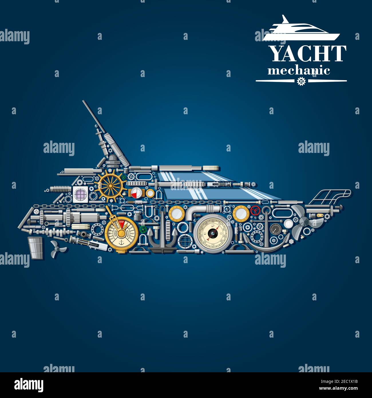 Yacht mechanics scheme with motor boat formed of engine parts and ...