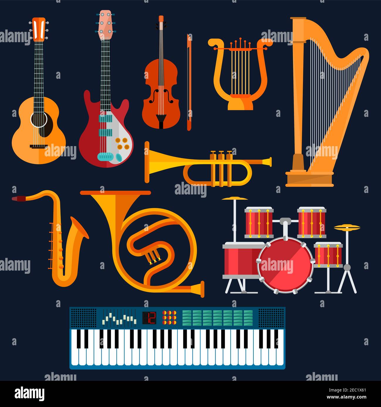 Musical instruments icons with flat symbols of drum set, acoustic and ...