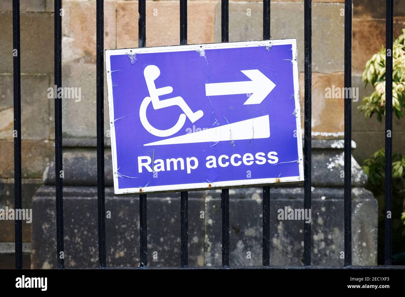 Ramp access for disabled wheelchair users sign at entrance Stock Photo ...