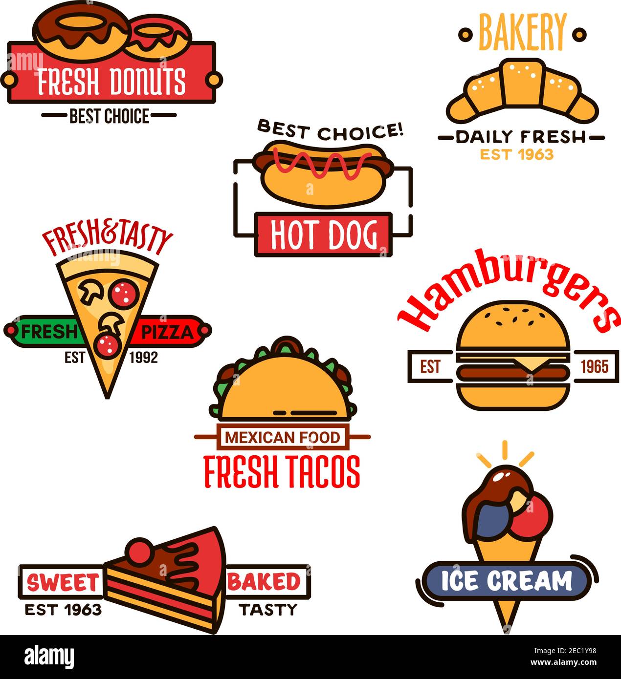 Fast food and bakery design elements with colorful thin line icons of ...