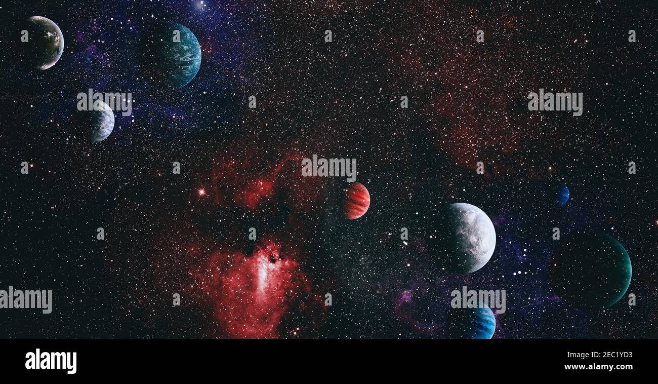 Chaotic space background. Planets, stars and galaxies in outer space ...
