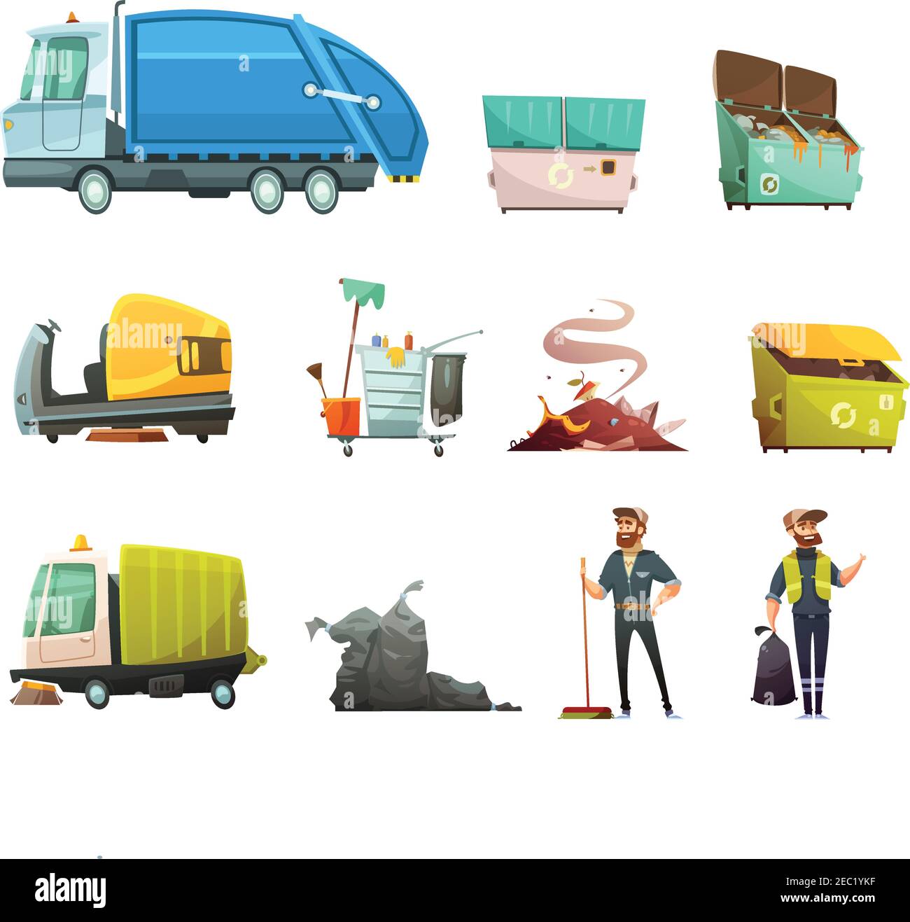 Garbage sorting and recycling process cartoon icons set with yard waste collecting in eco ...