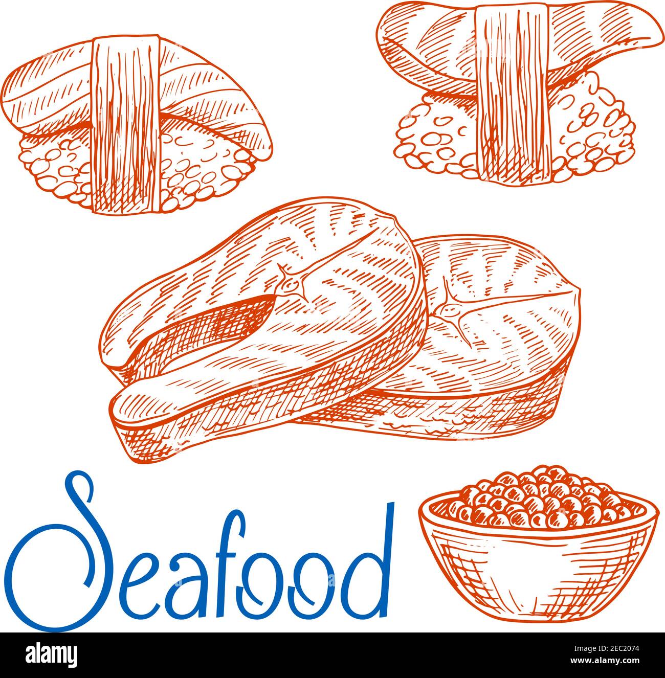 Seafood dishes sketch drawings with fresh salmon steaks, sushi nigiri ...