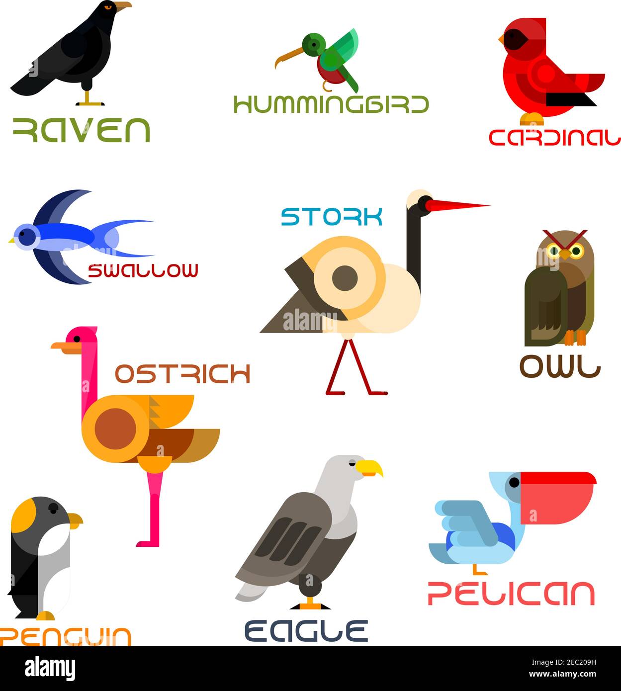 Owl, eagle, swallow, pelican, hummingbird, penguin, ostrich, raven ...
