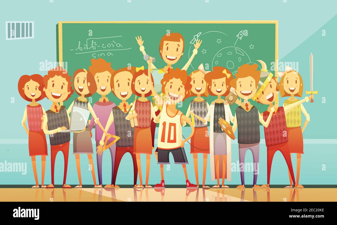 Classic school education classroom retro cartoon poster with standing ...