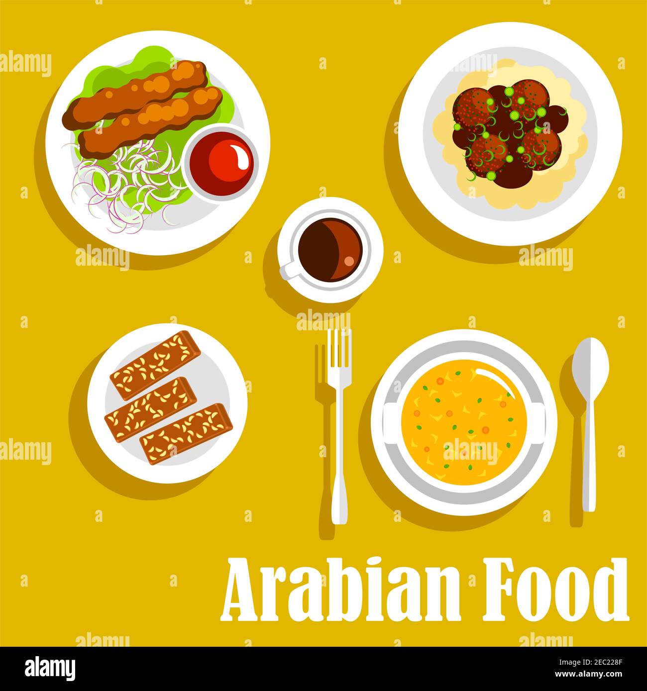Authentic arabian cuisine dishes icon with flat symbols of kebab ...