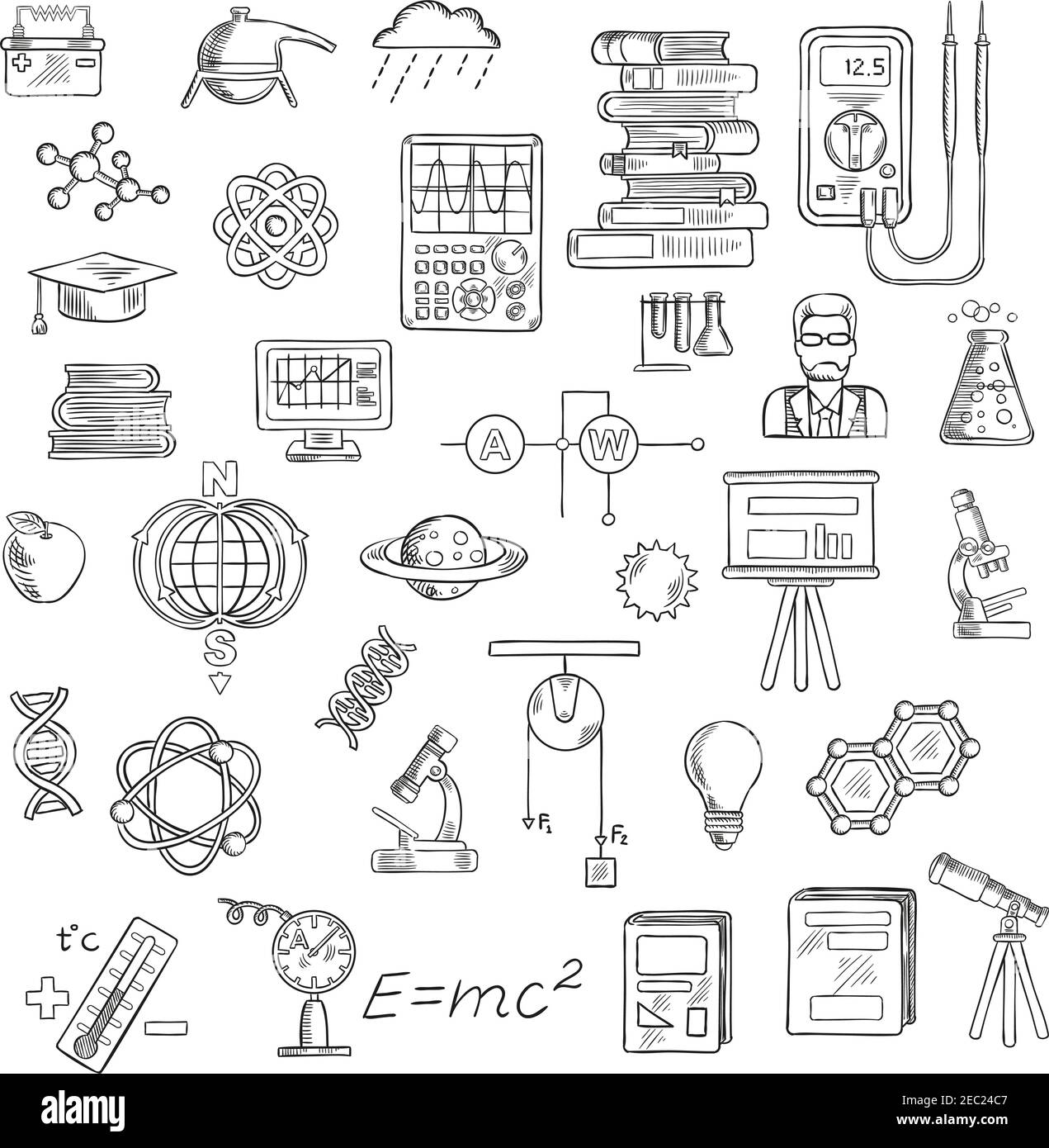 Physics, chemistry and astronomy sketch icons for education and science ...