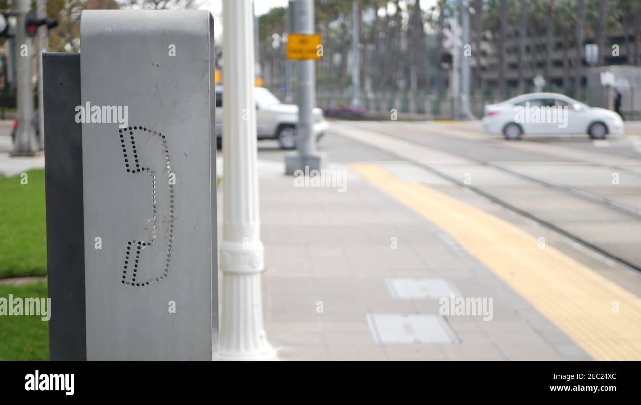 Retro coin-operated payphone station for emergency call on street ...