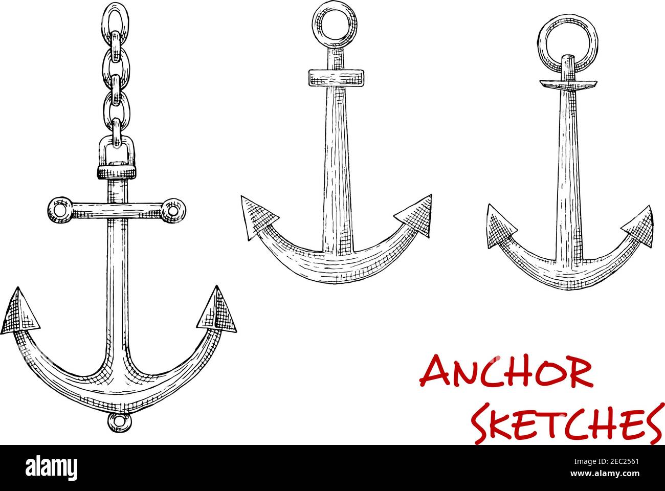 Navy heraldic retro sketches of admiralty marine anchors with attached ...