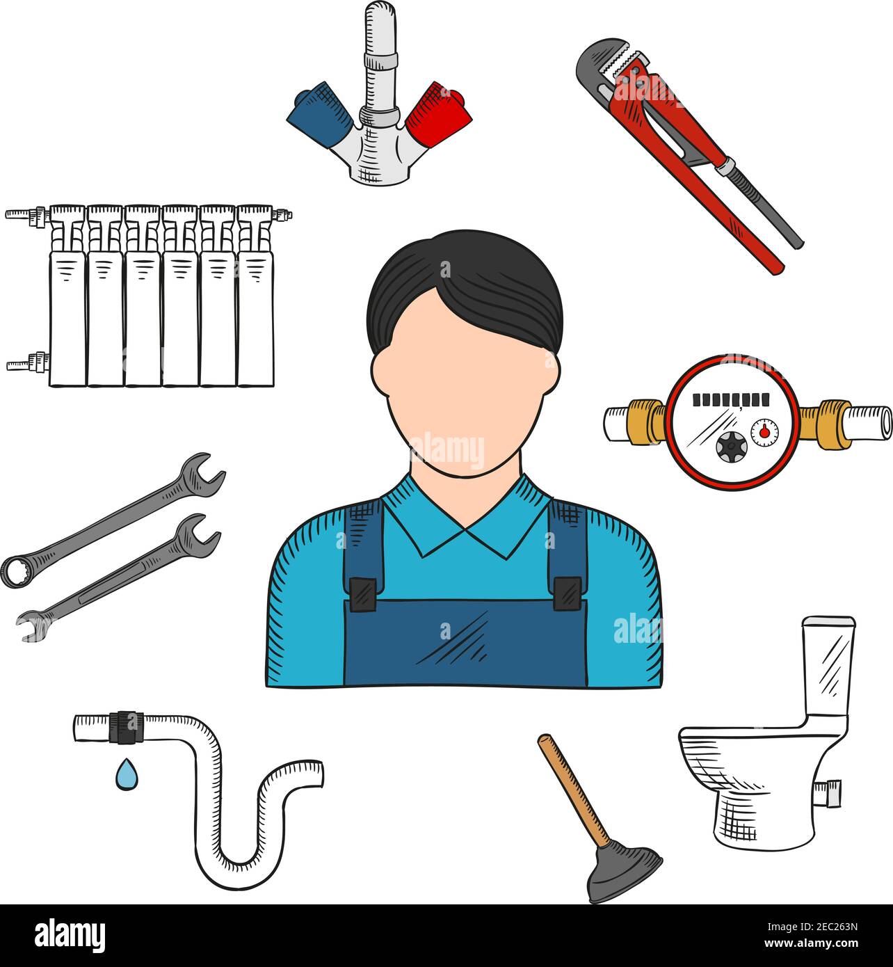 Colored sketch of plumber with hand tools and equipments such as ...
