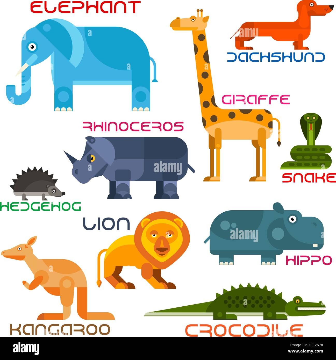 Bright cartoon icons of animals with flat silhouettes of african ...