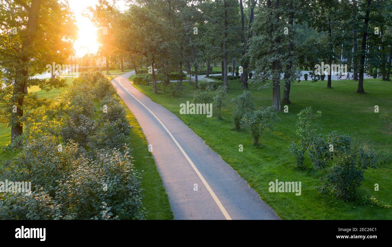 Asphalt path in a green summer park at dawn. Aerial view Stock Photo ...