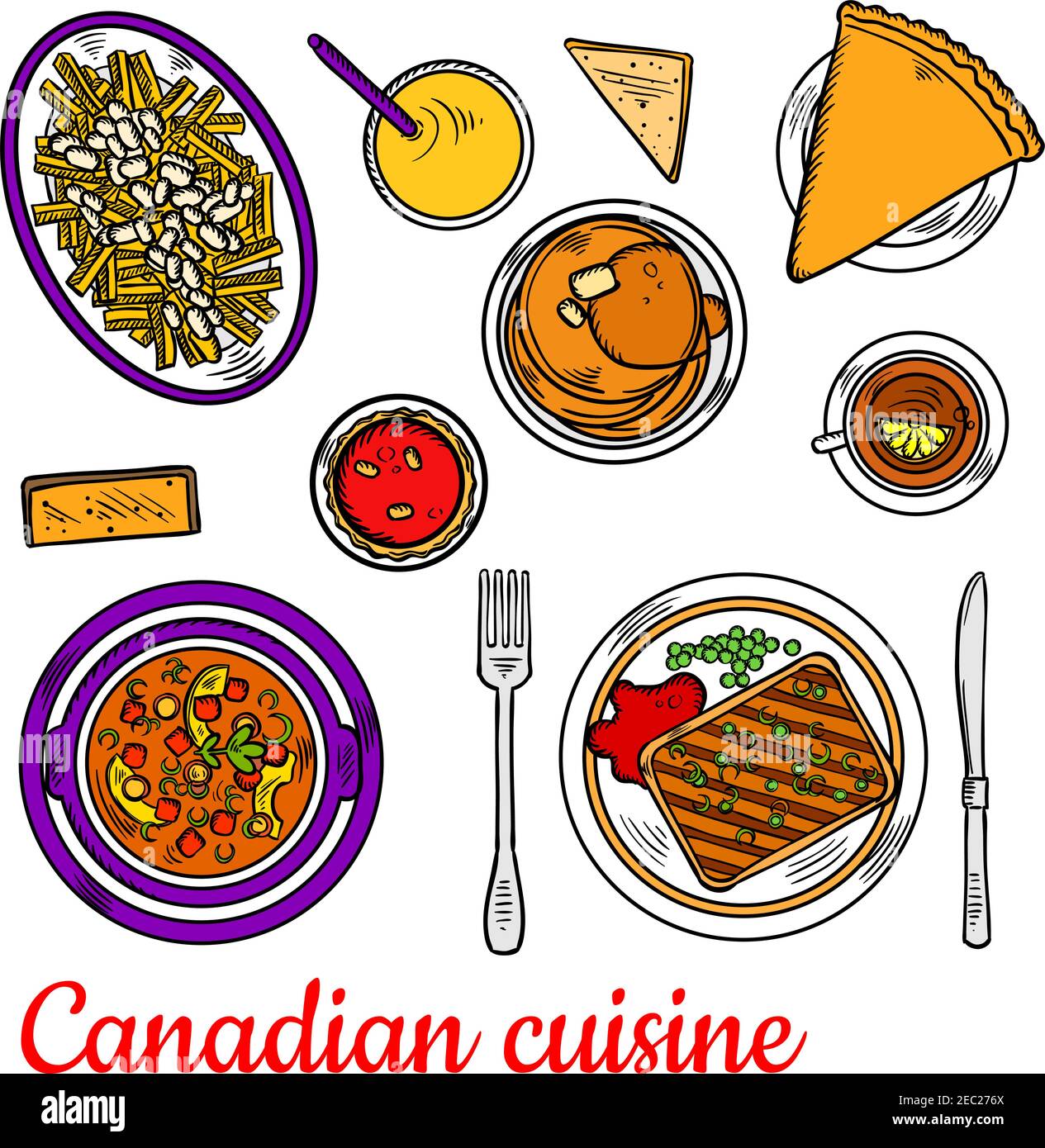 Traditional canadian poutine colored sketch symbol, served with grilled ...