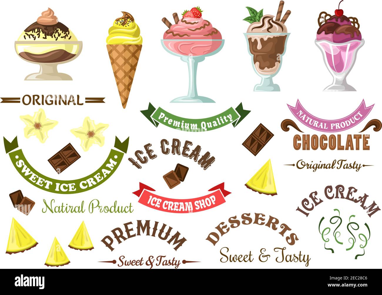 Retro ice cream symbols for cafe and sweet shop design template with ...