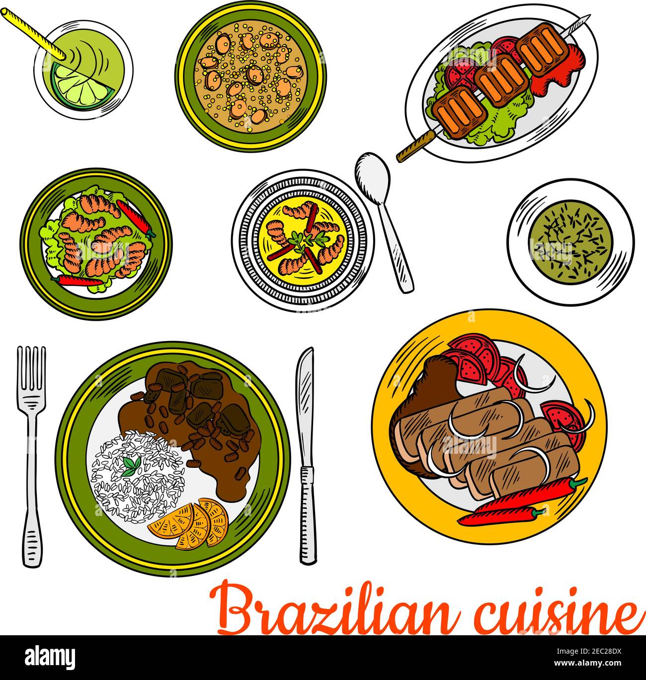 Nutritious brazilian cuisine sketch with colorful symbols of ...