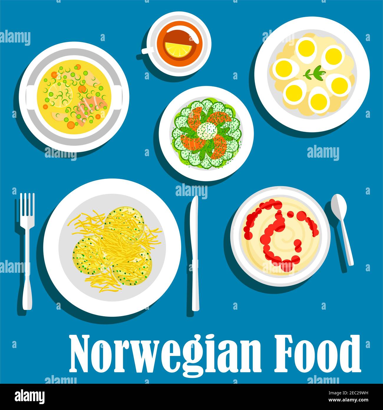 Wholesome dishes of norwegian breakfast icon with flat symbols of rice ...