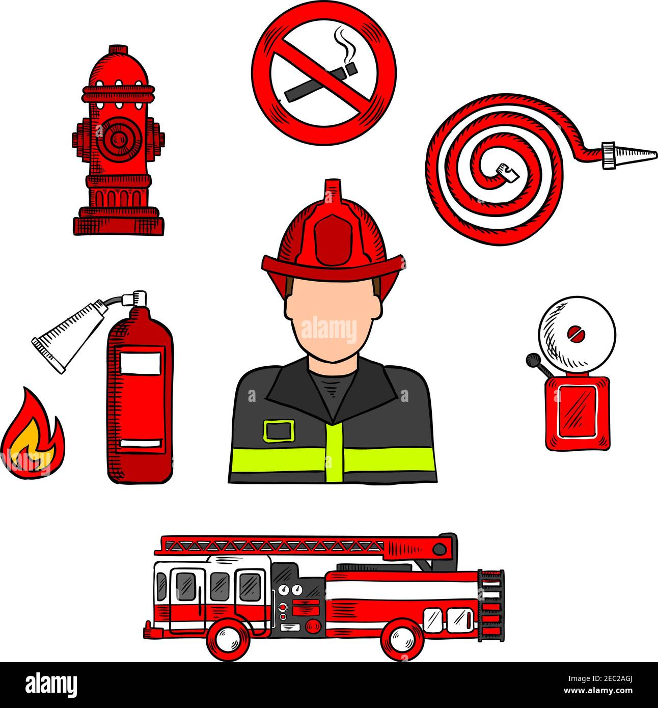 Colored sketch of fireman in protective uniform and red helmet with ...