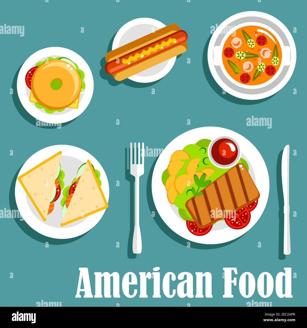 American cuisine dinner icon of homemade dishes with hot dog, bagel ...