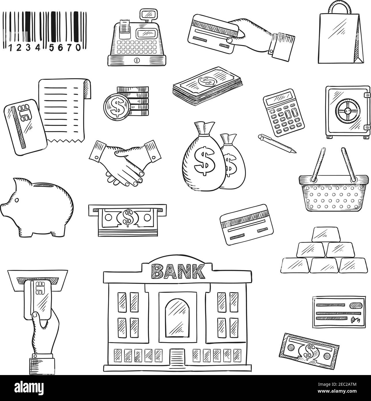Money, banking services and shopping sketch symbols for business ...
